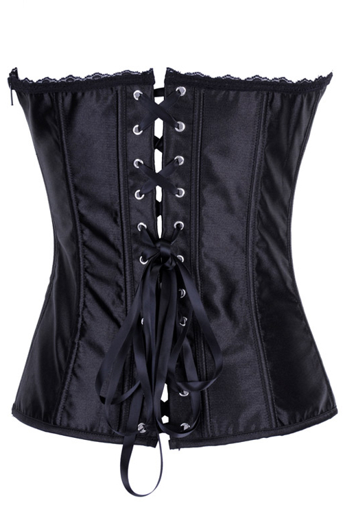 Black Satin Boned Overbust Corset With Black Lace Trim Sheer Bust
