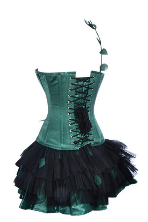 Spectacular Satin Steel Boned Corset Dress With Tulle Skirt And Leaf Accents