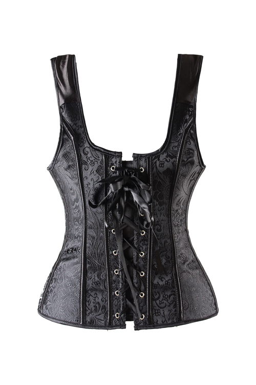 Elegant Black Steel Boned Overbust Corset With Shoulder Straps