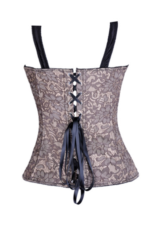 Black Satin Corset With White Floral Panels, Shoulder Straps, Zip Up ...