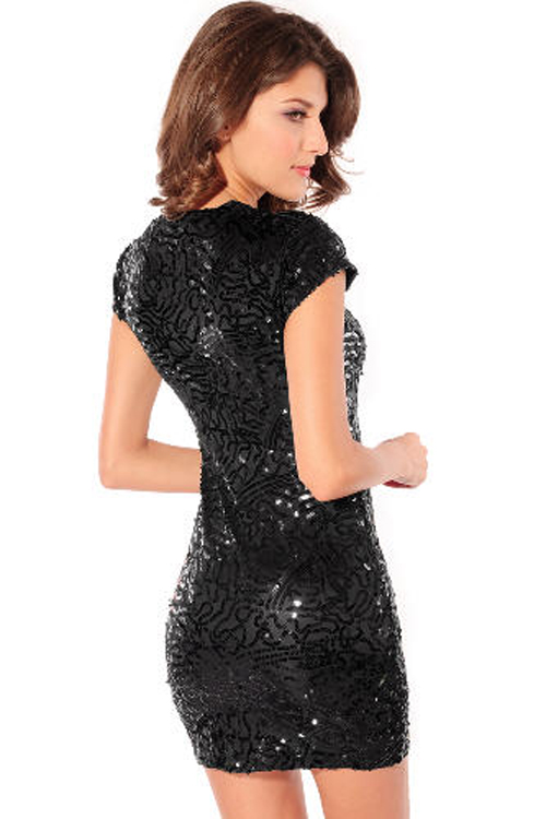 Black Cap Sleeve Mini Club Dress With Low-cut Neckline and Black Sequins