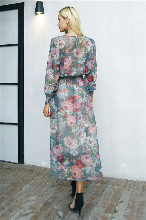 Elegant floral print long dress women two piece maxi chiffon dress ...