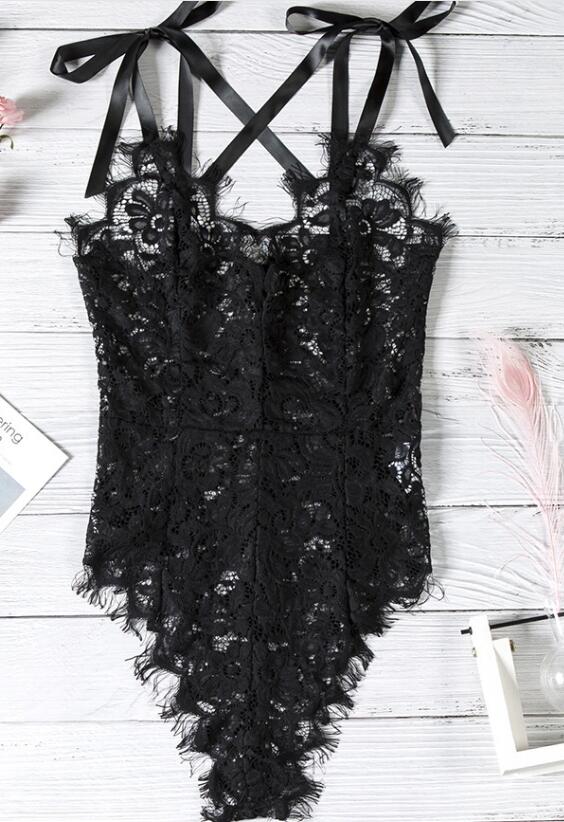 Sexy Black Floral Lace Eyelash Trim Teddy