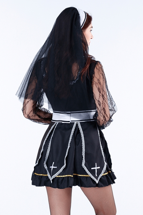 Japanese hot style nun fancy dress with veil dress, belt, neck ...