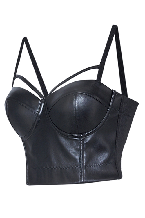 Black Faux Leather Push Up Bra Tops Tank Bralette